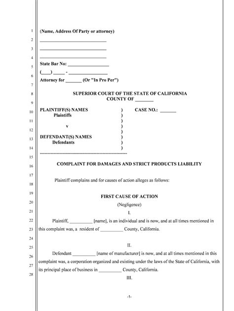 Complaint For Damages And Strict Products Liability Form Fill Out And