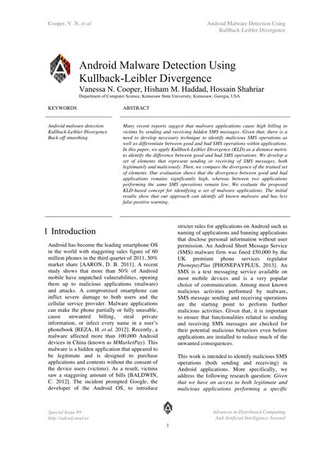 Pdf Android Malware Detection Using Kullback Leibler Divergence