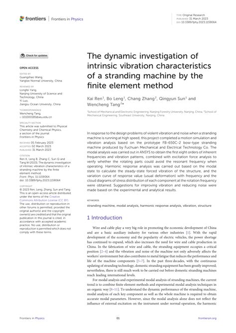 Pdf The Dynamic Investigation Of Intrinsic Vibration Characteristics Of A Stranding Machine By