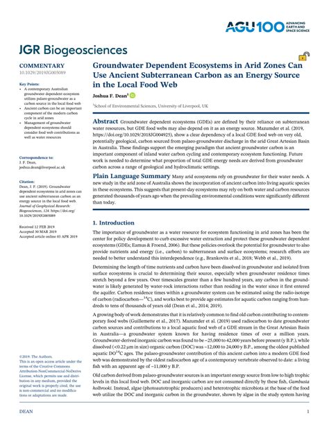 Pdf Groundwater Dependent Ecosystems In Arid Zones Can Use Ancient Subterranean Carbon As An