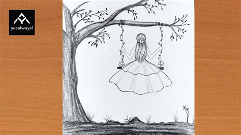 How To Draw A Girl Swinging In A Tree Pencil Sketch For Beginner Easy Girl Drawing Step By