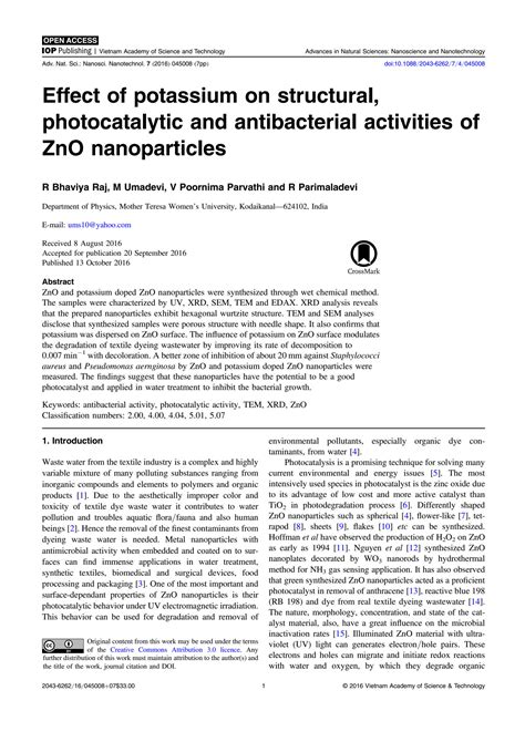 Solution Effect Of Potassium On Structural Photocatalytic And