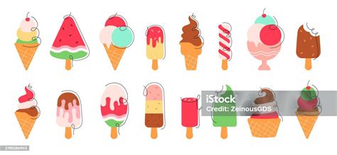 아이스크림 아이콘 클립 아트 세트입니다 여름 달콤하고 다채로운 아이스크림 벡터 일러스트 레이 션과 함께 맛있는 맛 아이스 캔디 스틱 0명에 대한 스톡 벡터 아트 및 기타