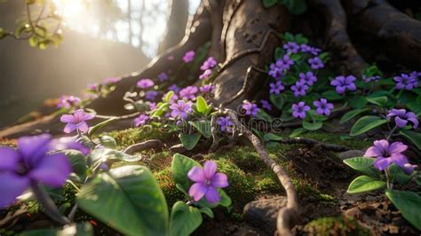Sunlit Meadow Featuring Moss Grass Tree Root And Wildflowers On Clay