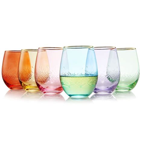 Vintage Art Deco Stemless Wine Glasses Set Of 6 15 Oz Crystal