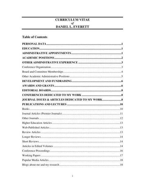 Curriculum Vitae Daniel L Everett Table Of Contents