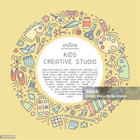 아이 들을 위한 창조적 인 스튜디오 정보 카드 창의적 활동 및 샘플 텍스트 창의력에 대한 스톡 벡터 아트 및 기타 이미지 창의력 0명 가위 Istock