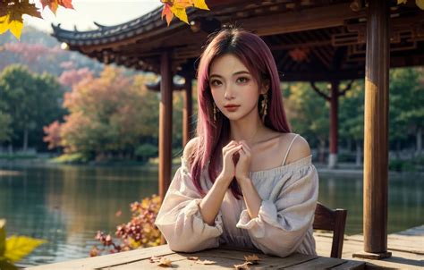 Wallpaper Autumn Girl Lake Park Asian Ai Art For Mobile And Desktop Section ии арт