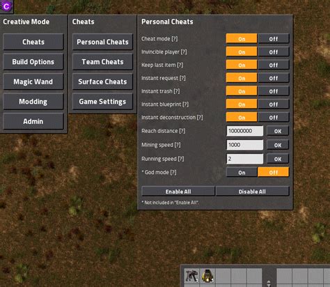 In Game Menu Cheats Personal Cheats Factorio Creative Mode Wiki Fandom