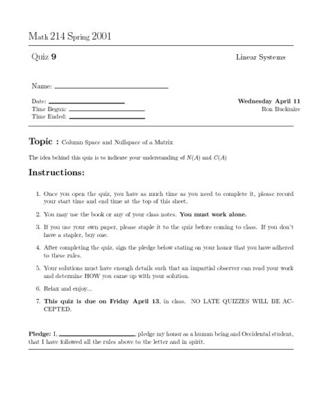 Linear Systems Column Space And Nullspace Of A Matrix Worksheet For