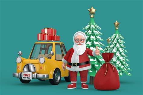 해피 크리스마스와 새해 인사말 개념 만화 쾌활한 산타 클로스 그란파 빨간 선물 가방 노란 만화 자동차 및 새해 나무 근처에서 엄지 손가락을주는 것 3d 렌더링 가득 찬에