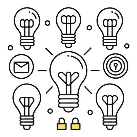 Six Lightbulbs Connected To A Large Lightbulb With Symbols Like Mail Target And Padlock