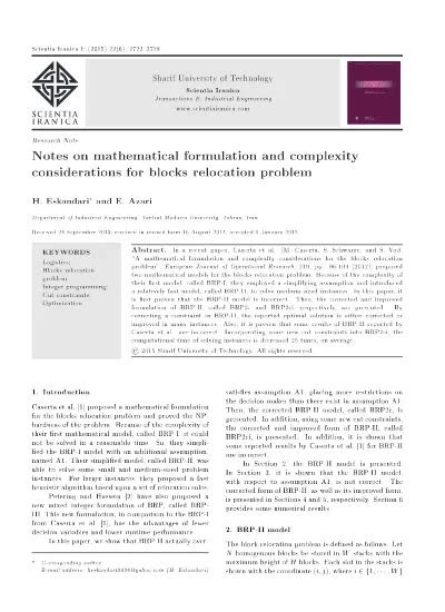 Notes On Mathematical Formulation And Complexity Considerations For Blocks Relocation Problem