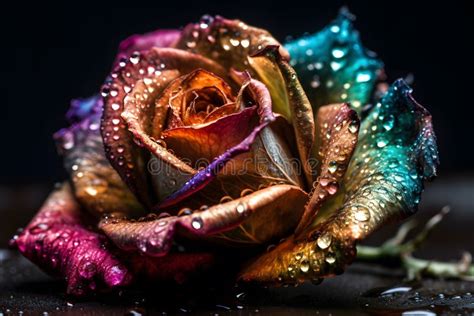 Rainbow Rose With Dew Drops Neural Network Ai Generated Stock Image