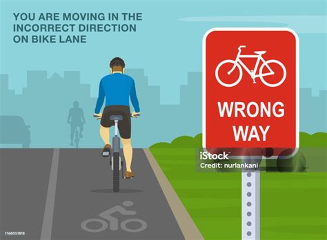 안전 운전 요령 및 교통 법규 자전거 잘못된 길 표지판의 클로즈업입니다 자전거 도로에서 자전거를 타는 자전거 운전자의 뒷모습 벡터 일러스트 레이 션 템플릿 거리에 대한 스톡