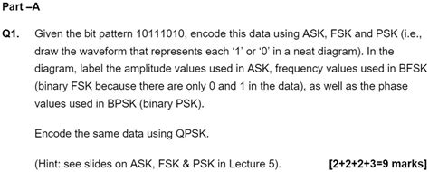 Part A Q1 Given The Bit Pattern 10111010 Encode This Data Using ASK