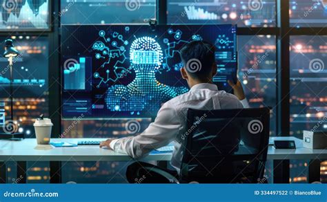 Ai Robot Analyzes Data On Multiple Monitors In Futuristic Office Showcasing Advanced Technology