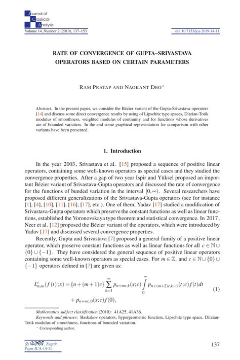 Pdf Rate Of Convergence Of Gupta Srivastava Operators Based On Certain Parameters