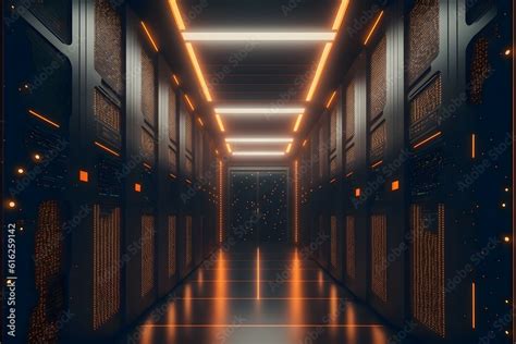 Server Room Interior In Datacenter Wave Of Abstract Background With Interweaving Of Dots And
