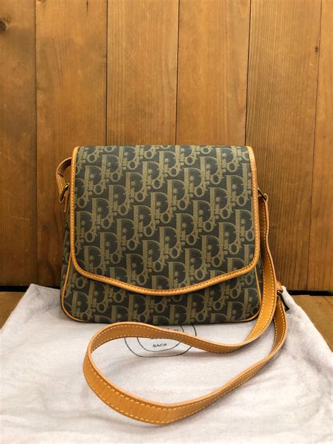Vintage Christian Dior Coated Trotter Canvas Crossbody Bag Grey Khaki