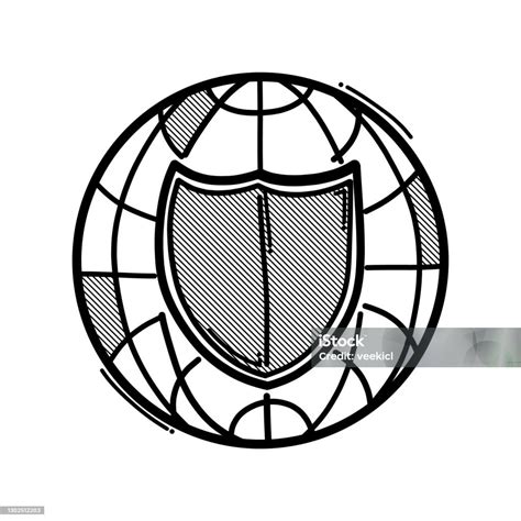 세계 및 방패 낙서 벡터 아이콘 그리기 스케치 일러스트레이션 손 그린 선 Eps10 경호에 대한 스톡 벡터 아트 및 기타 이미지