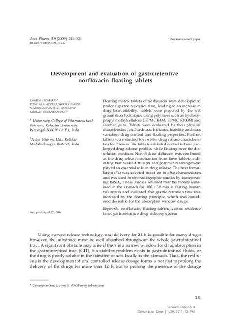 Pdf Development And Evaluation Of Gastroretentive Norfloxacin Floating Tablets