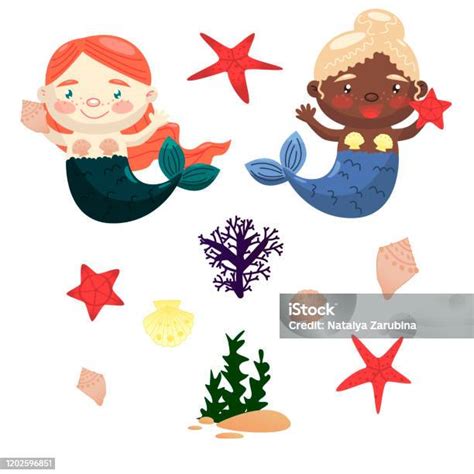 두 귀여운 인어 소녀 불가사리 조개 산호와 조류의 벡터 이미지 세트입니다 다양한 일러스트 인쇄 디자인에 대한 만화 캐릭터 0명에