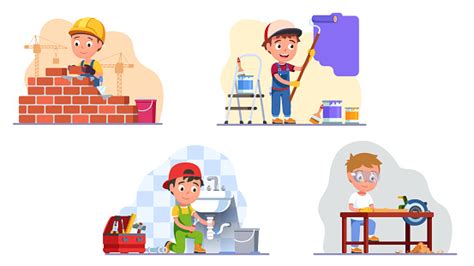 어린이 전문 노동자 빌더 벽돌 벽 화가 배관공 싱크 배수 파이프를 고정 목수는 테이블 톱을 사용하여 목공을 한다 어린이 장인 작품 세트 플랫 벡터 문자 그림 아이에 대한