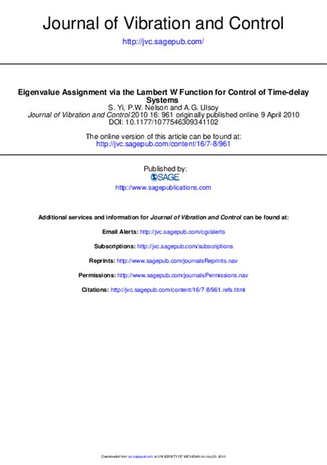 Pdf Eigenvalue Assignment Via The Lambert W Function For Control Of Time Delay Systems