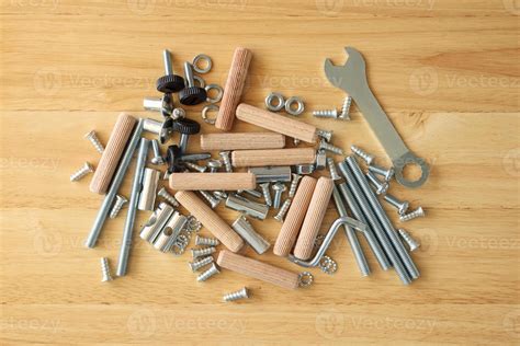 Assembly Furniture Tool Kit With Screw Dowel Wrench And Bolt On Wood