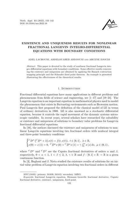 Pdf Existence And Uniqueness Results For Nonlinear Fractional Langevin Integro Differential