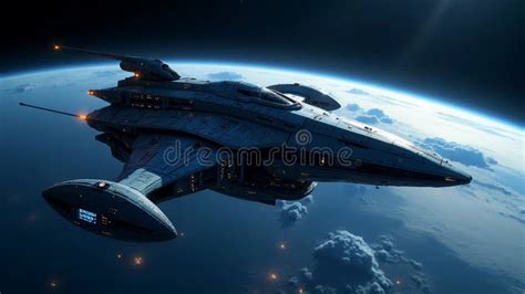 Futuristic Spacecraft Or Starfighter With Glowing Engines Flying Above Earth S Atmosphere