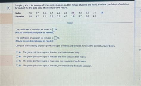 Solved Sample Grade Point Averages For Ten Male Babes And Chegg Com