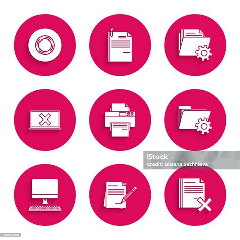 프린터 빈 노트북 및 연필을 지우개로 설정하고 파일 문서 삭제 폴더 설정 기어 컴퓨터 모니터 키보드 랩톱 크로스 마크 화면 및