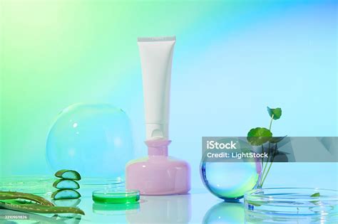 라벨이 없는 흰색 크림 튜브가 도자기 잉크병 위에 서 있습니다 페니워트 식물 옆에 놓인 유리 구체와 물이 담긴 페트리 접시 알로에 베라 조각이 서로 겹쳐져 있습니다 0명에