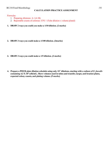 W23 Calculation Practice Assignment Bi 218 Food Microbiology