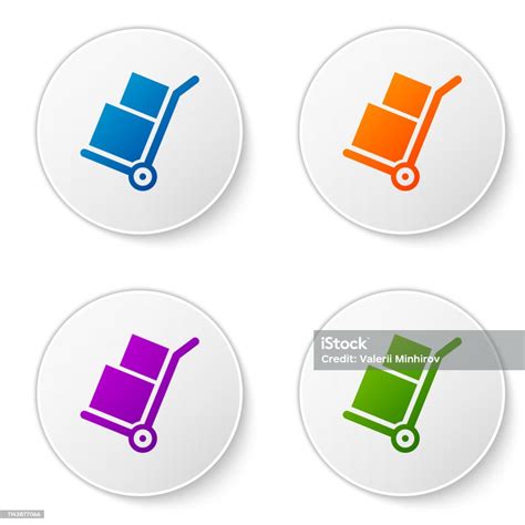 컬러 손 트럭과 상자 아이콘 흰색 배경에 고립 돌리 기호입니다 원 버튼의 색상 아이콘을 설정 합니다 벡터 일러스트 개념에 대한 스톡 벡터 아트 및 기타 이미지 Istock