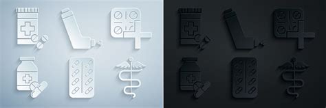 물집 팩 약병 및 알약 Caduceus 뱀 의료 기호 흡입기 및 아이콘에 알약을 설정합니다 벡터 3차원 형태에 대한 스톡 벡터 아트 및 기타 이미지 Istock