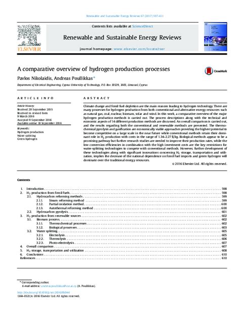 Pdf A Comparative Overview Of Hydrogen Production Processes