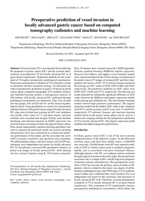 Pdf Preoperative Prediction Of Vessel Invasion In Locally Advanced