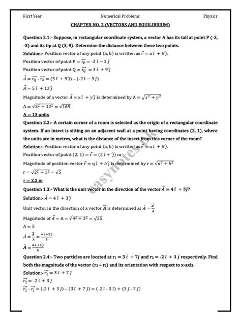 1st Year Physics Chapter 2 Solved Numericals Notes Pdf Force Euclidean Vector