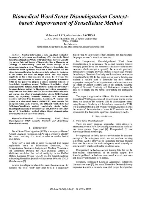 Pdf Biomedical Word Sense Disambiguation Context Based Improvement Of Senserelate Method