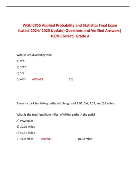 WGU C Applied Probability And Statistics Final Exam Latest Update Questions And