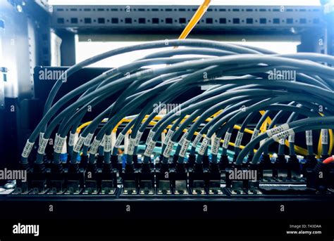 Rack Mounted Servers In A Server Room Server Rack Audio Cable Severs Computer In A Rack At The