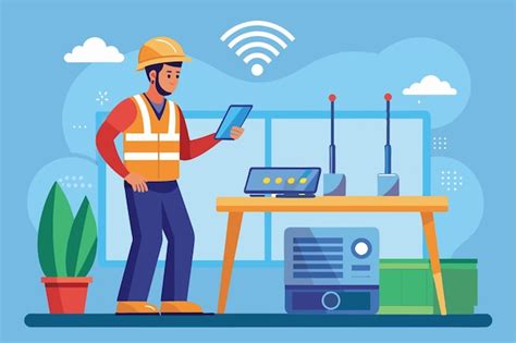 A Worker Inspects A Wifi Router While Standing Next To A Table Filled