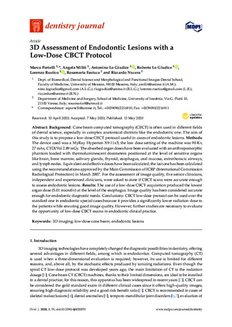 Pdf 3d Assessment Of Endodontic Lesions With A Low Dose Cbct Protocol
