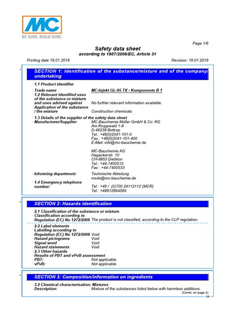 Mc Injekt Gl 95 Tx Component B Safety Data Pdf Dangerous Goods