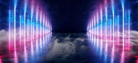 네온 빛나는 연기 안개 그런 지 구체적인 과학 Fi 현대 우아한 미래 갤러리 비어 홀 활기찬 보라색과 파란색 빛 라인 빈 공간