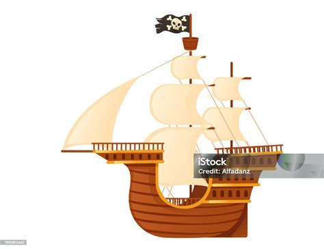 흰색 돛과 검은 해적 깃발 갤리온 선 전쟁 Wessel 벡터 일러스트 레이 션과 나무 중세 해적선 흰색 배경에 고립 된 갤리온선에 대한 스톡 벡터 아트 및 기타 이미지