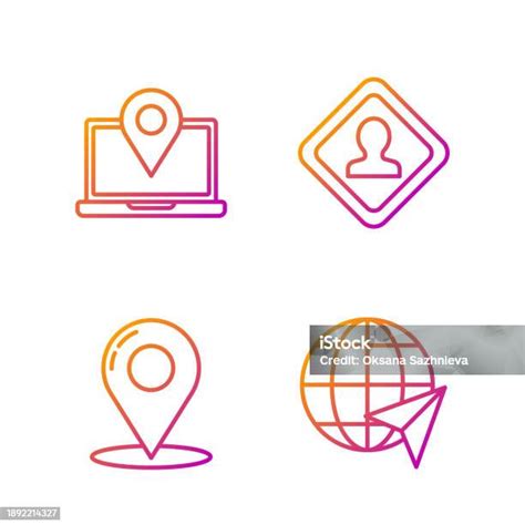 지구본의 선 위치 지도 핀 위치 마커 및 도로 교통 표지판이 있는 노트북을 설정합니다 그라데이션 색상 아이콘 벡터 0명에 대한